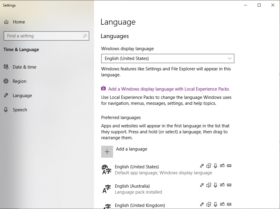 language that is displayed in Windows start menu, etc. - Windows 10 Support