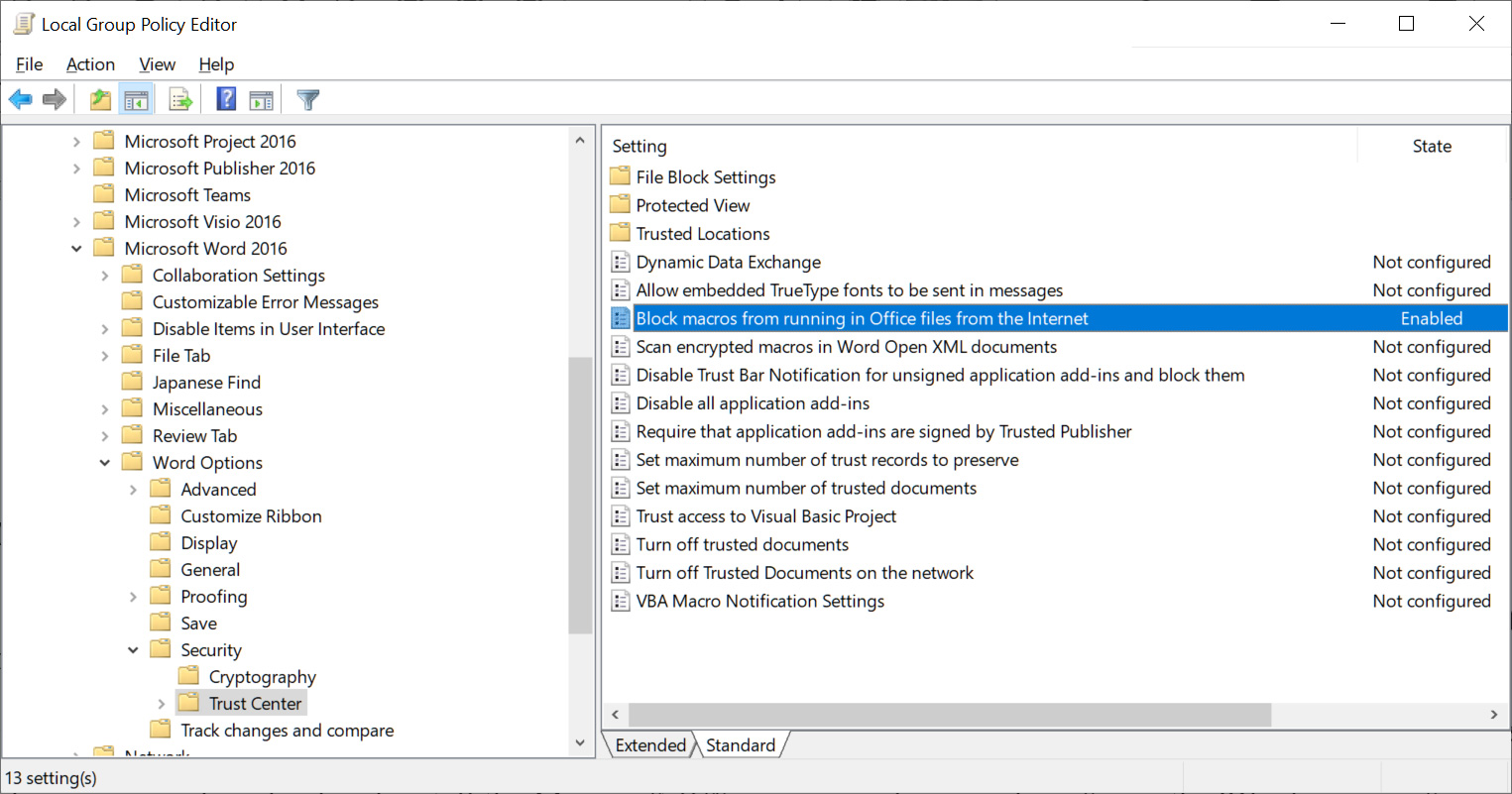 How to auto block macros in Microsoft Office docs from the internet