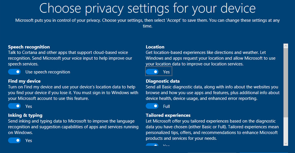 Microsoft Testing New Privacy Settings Layouts in Windows 10 Insider 17115
