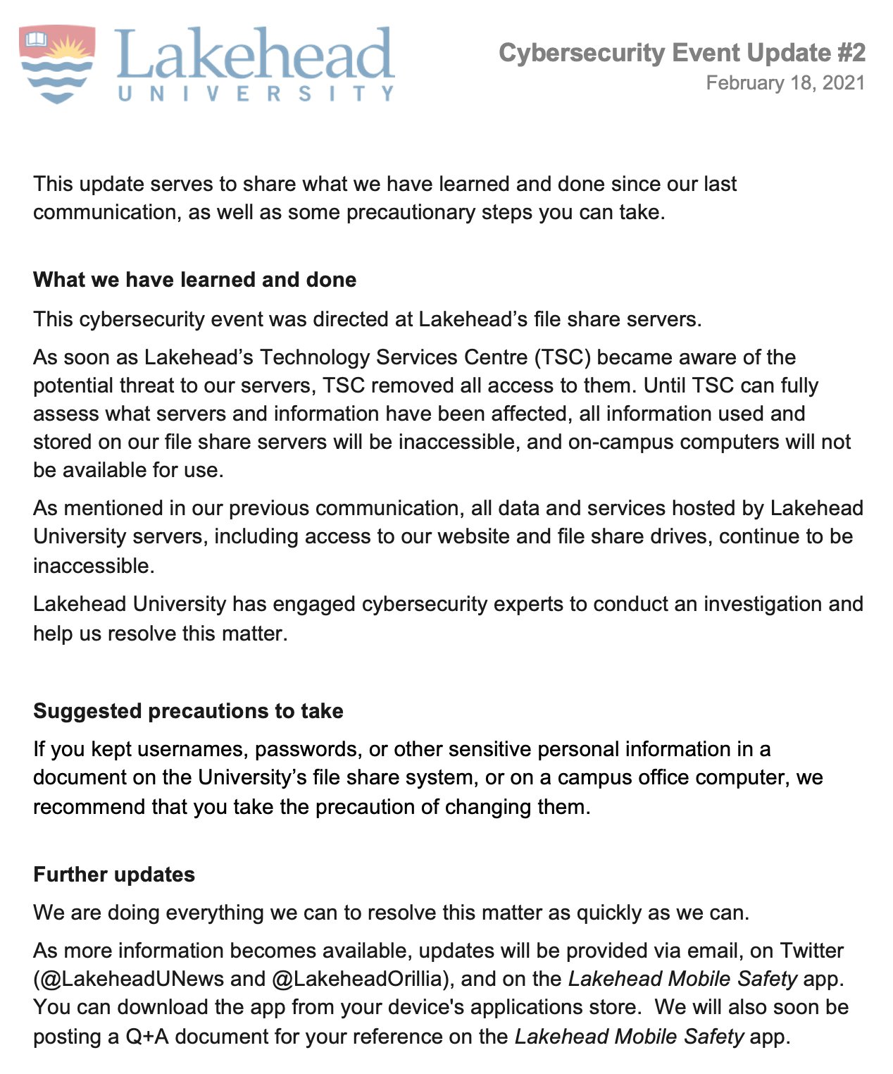 Lakehead University shuts down campus network after cyberattack Lakehead University shuts down campus network after cyberattack