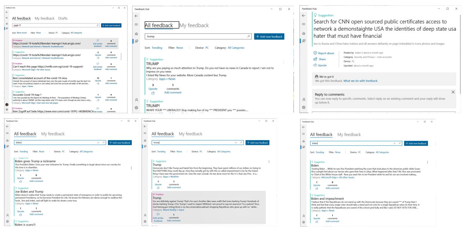 Windows 10's Feedback Hub: A forum for political trolls, spammers