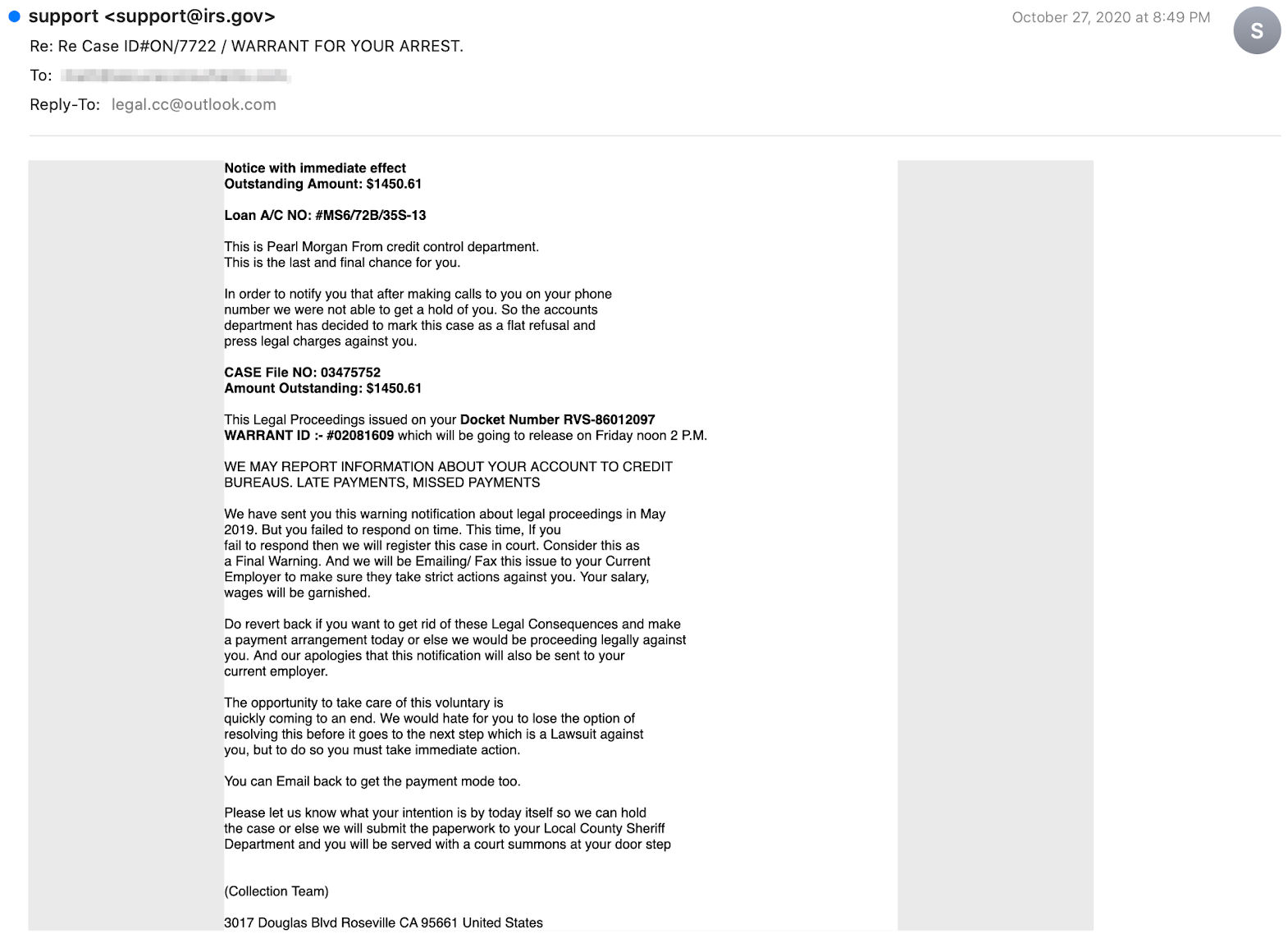 Scammers impersonating the IRS threaten victims with legal action