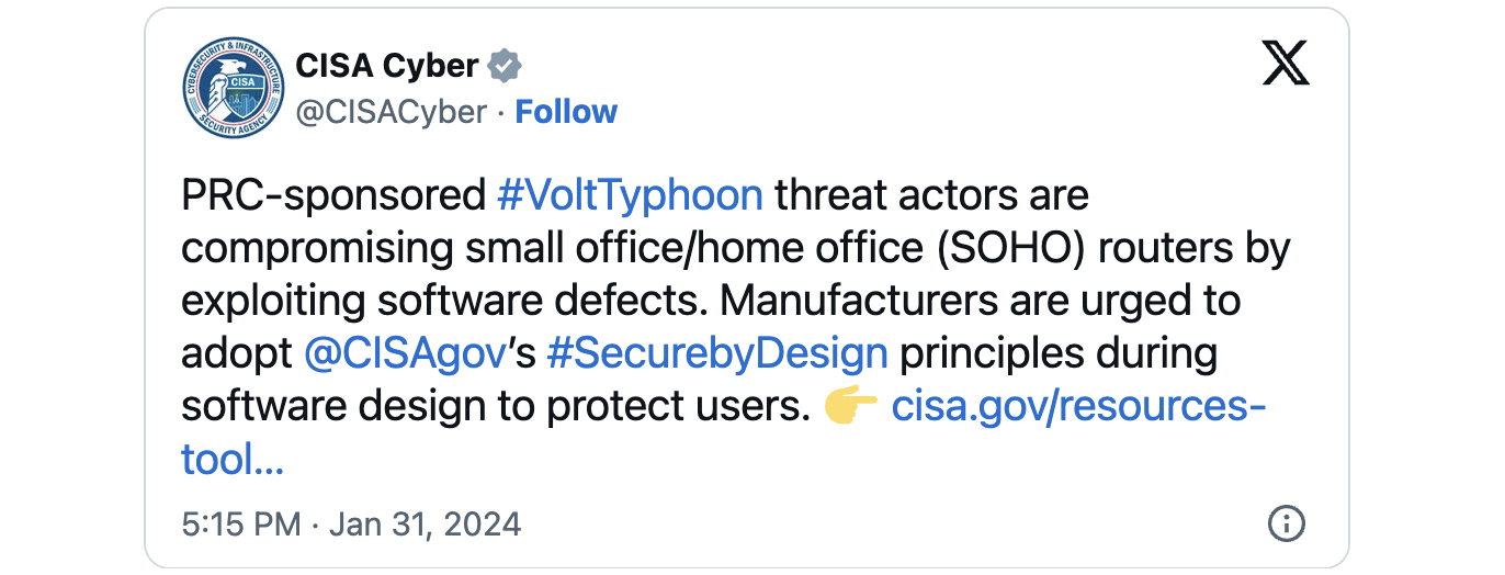 CISA: Vendors must secure SOHO routers against Volt Typhoon attacks CISA: Vendors must secure SOHO routers against Volt Typhoon attacks