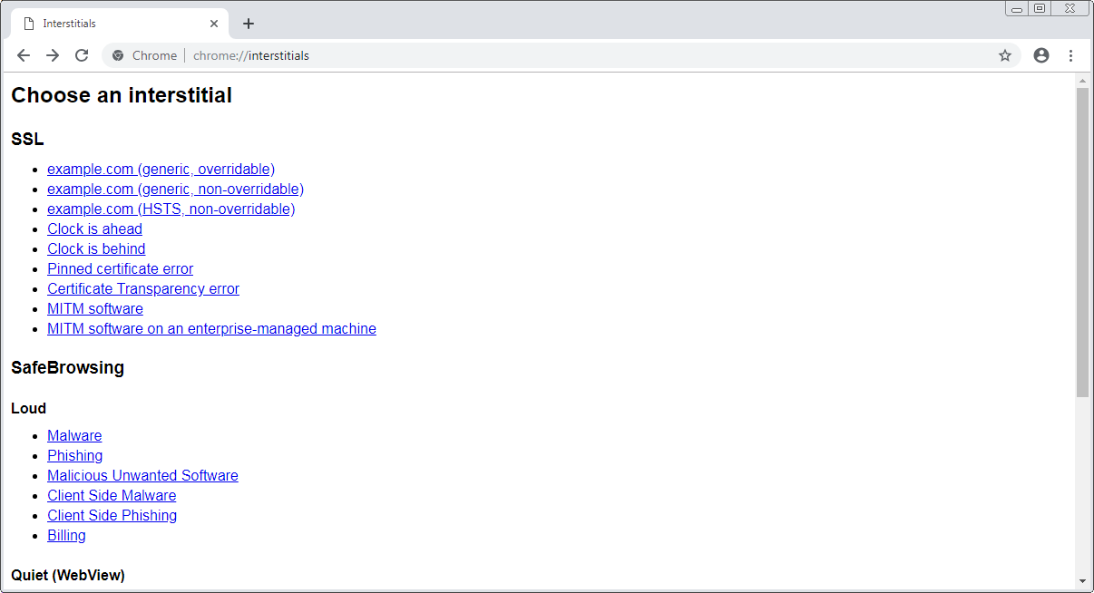 Internal Chrome Page Shows All Google Interstitial Warnings