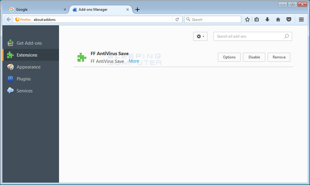 Remove the FF AntiVirus Save Adware Miner Firefox Extension Remove the FF AntiVirus Save Adware Miner Firefox Extension