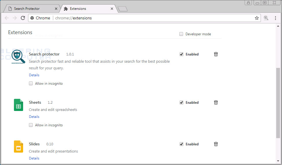 Remove the Search protector Chrome Extension