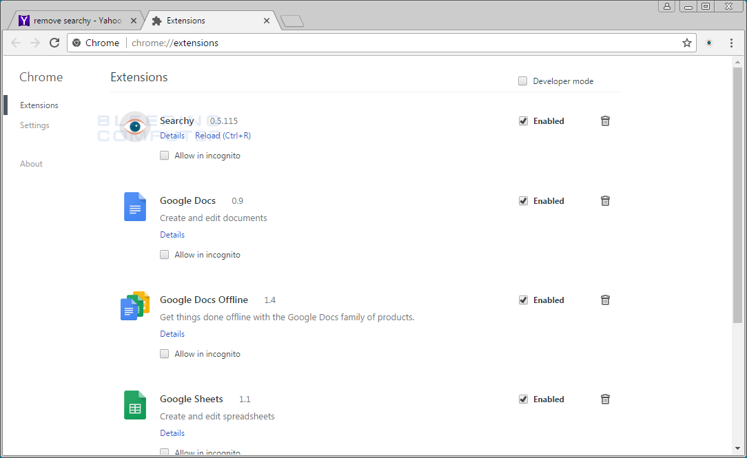 How to remove the Searchy & EZ Search Extension