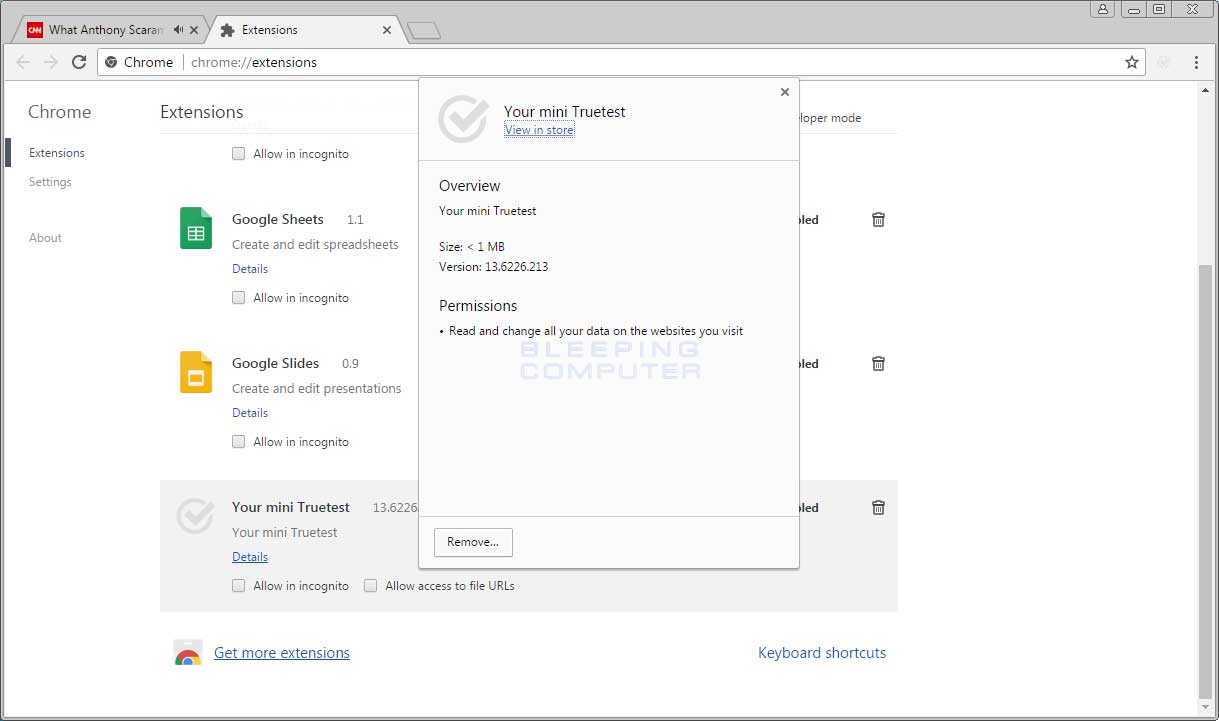 Remove the Your mini Truetest Chrome Extension Adware